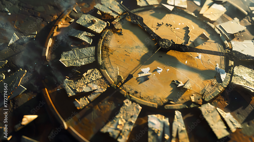 The concept of passing away depicted with a broken clock scattered into ...