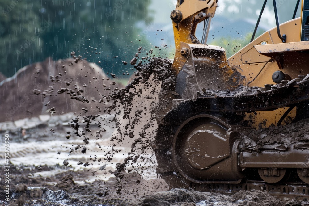 wet mud splashing from bulldozers bucket in a rainy environment Stock ...