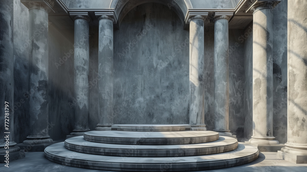 A minimalist modern circular platform illuminated by a natural sunlight ...