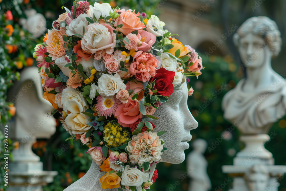 A profiles of woman with multicolored, exotic flowers adorning their ...