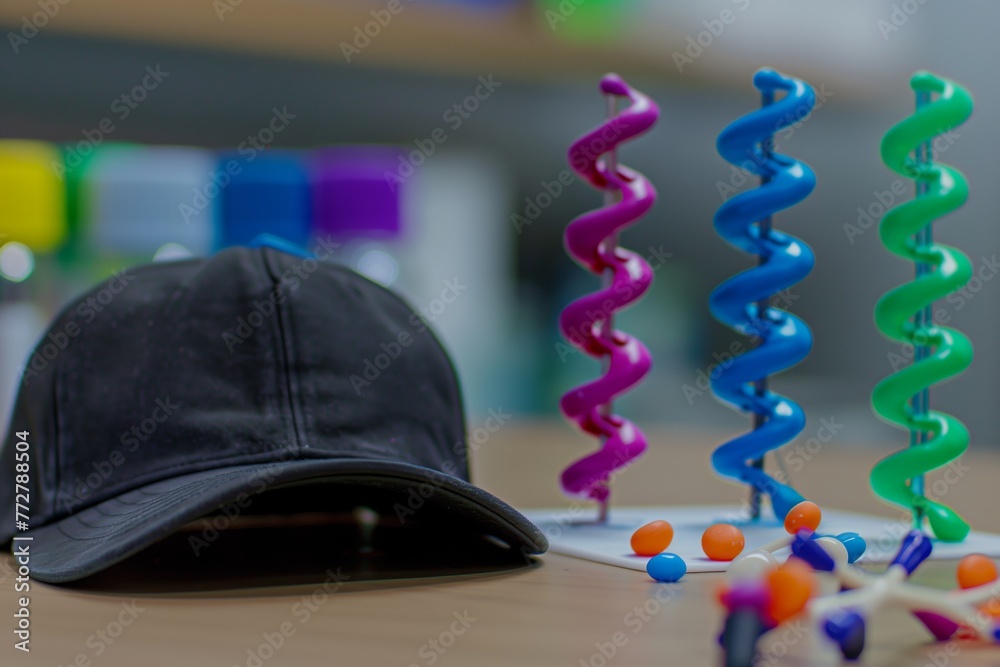 cap next to a model of dna structure for a biology major Stock Photo ...