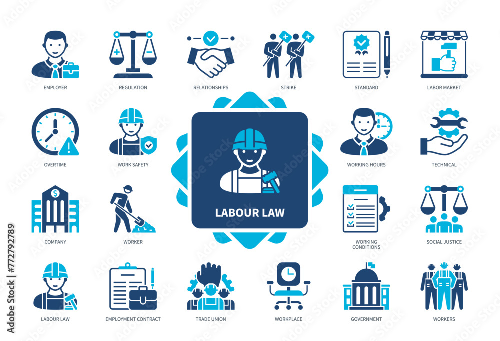 Labour Law icon set. Relationship, Regulation, Work Safety, Trade Union ...