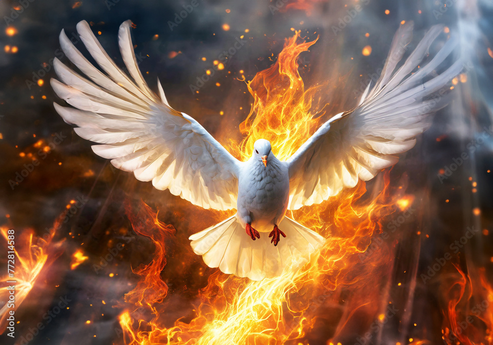 white pigeon flying with open wings emitting fire flame realistic ...