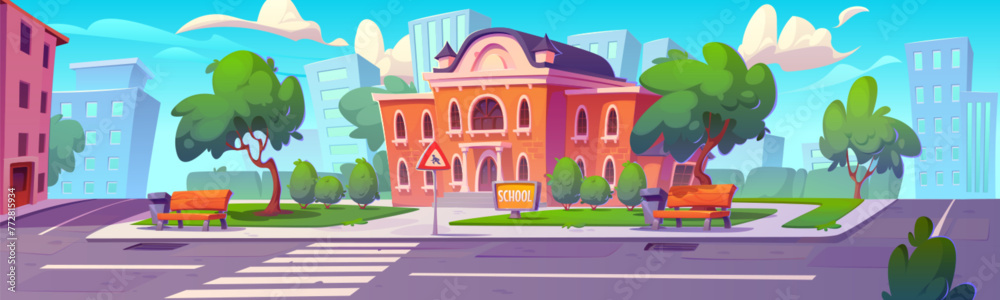 School building and outside yard cartoon background. City university ...