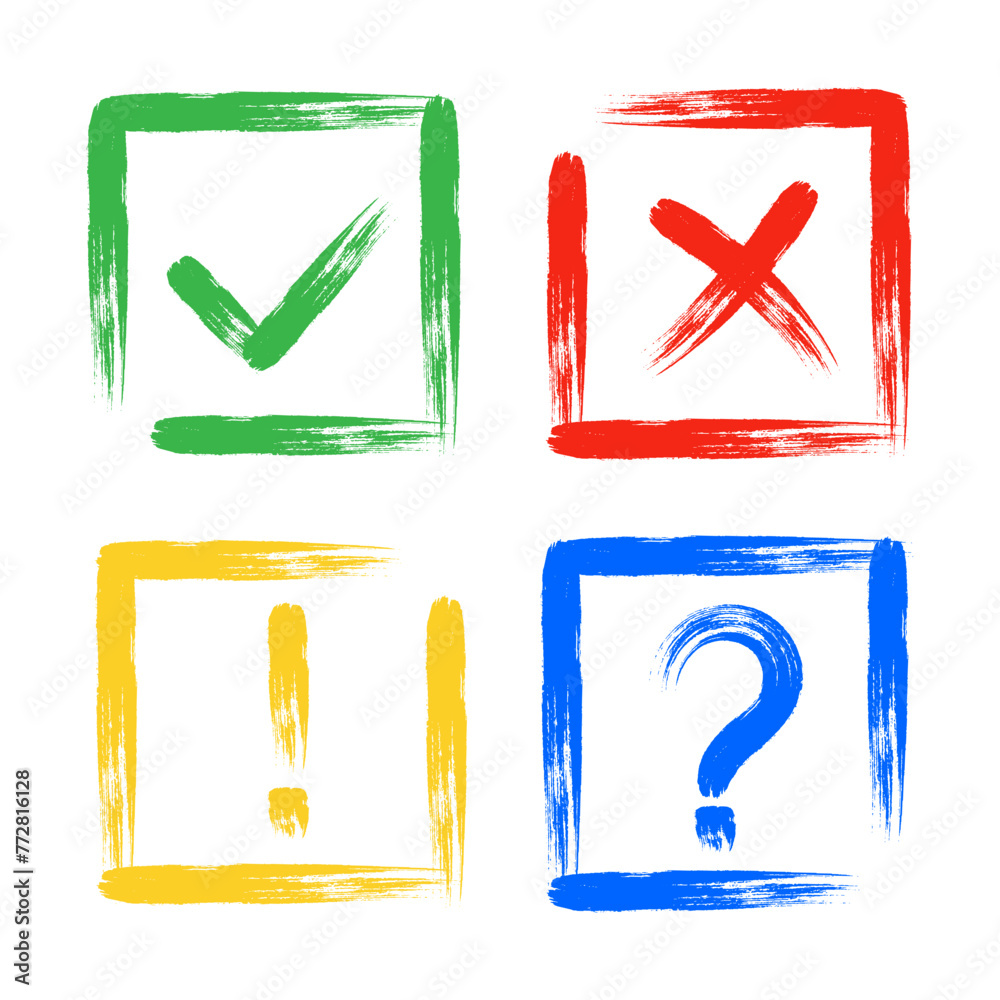 Dirty grunge cross x, tick OK, exclamation and question check marks in ...