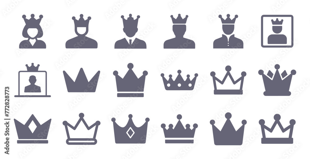Crown glyph flat icons. Vector solid pictogram set included icon as ...