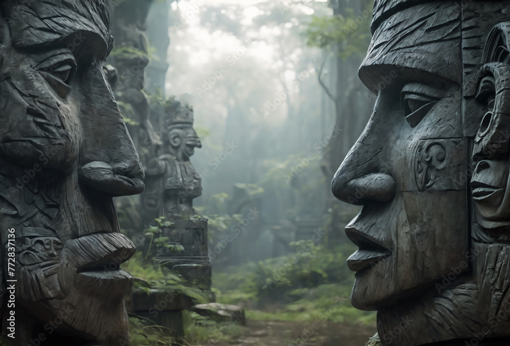 Giant stone faces in a secret passage of a tropical jungle. Fantasy art ...