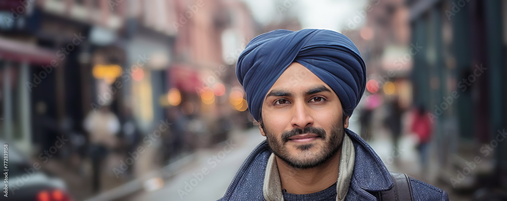 Hindu man with turban on European city street portrait. Young immigrant ...