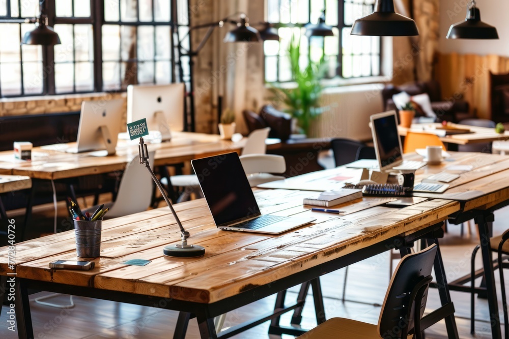 A collaborative work desk in a coworking space, with shared work ...