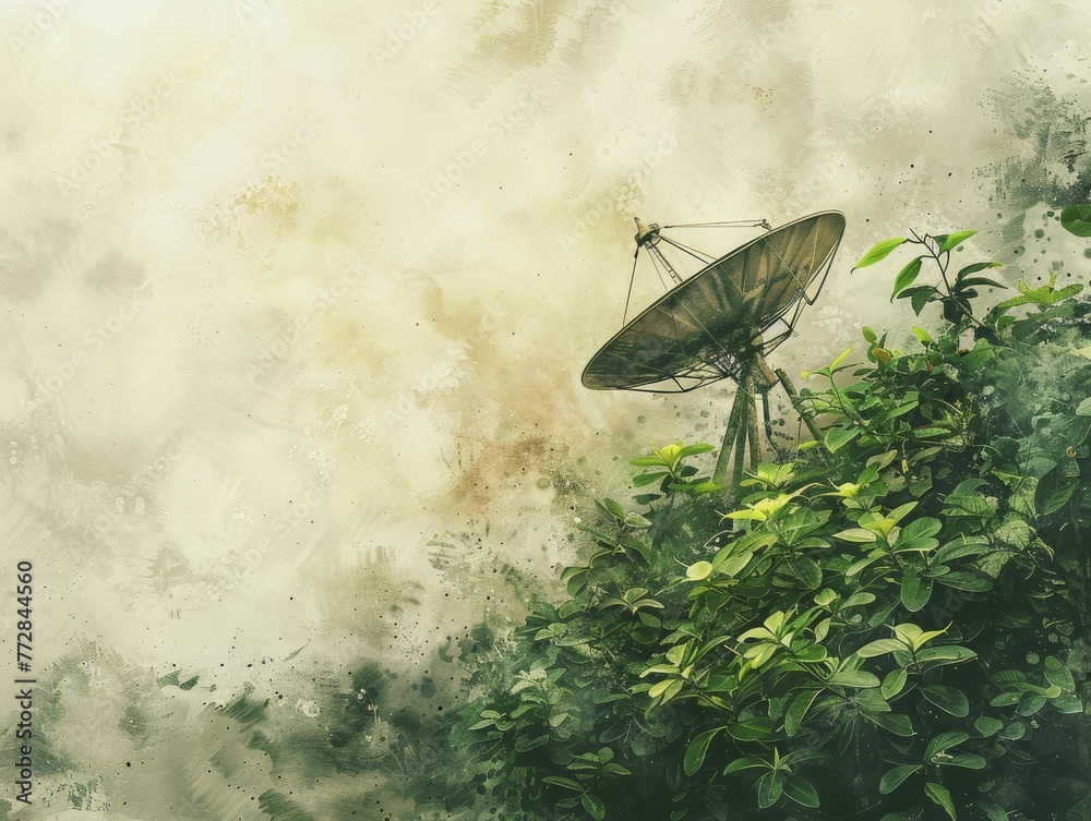 Abstract drawing of a satellite dish enveloped in leaves, on a natural ...