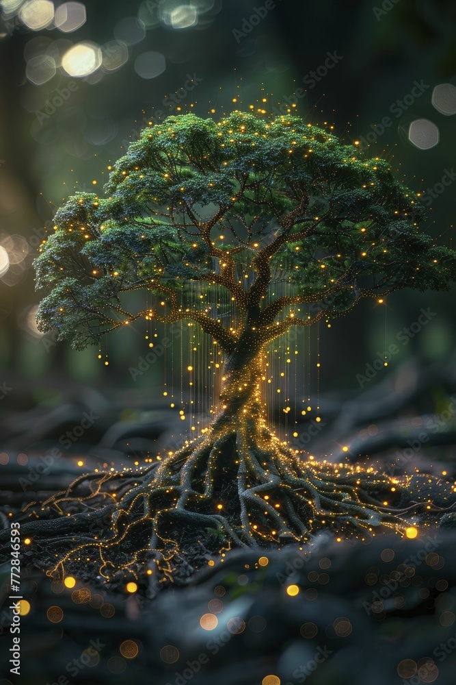 Silhouette of a digital tree with root system displaying network ...