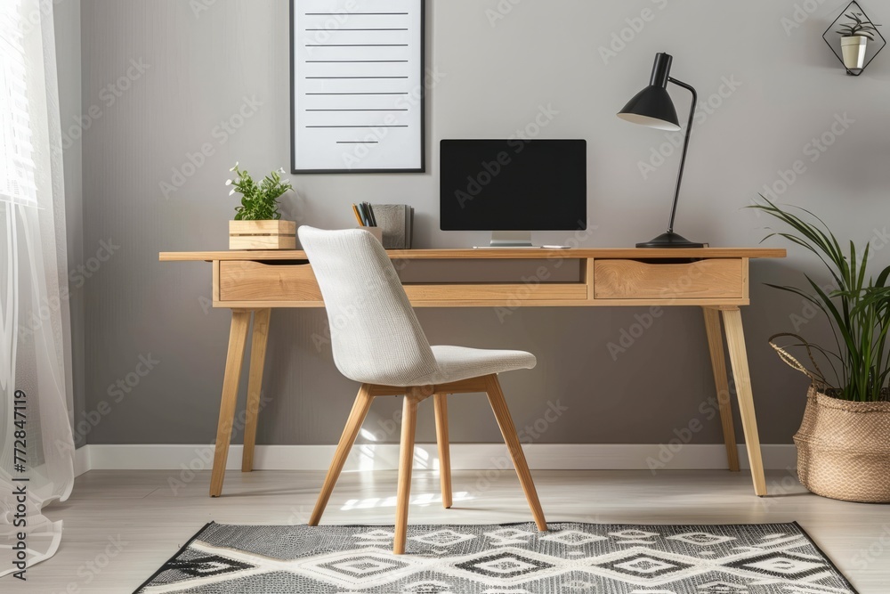 A minimalist Scandinavian-inspired desk setup with clean lines, natural ...