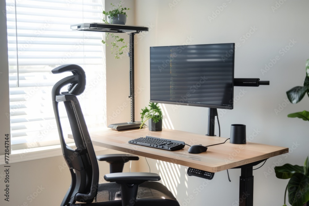 A minimalist standing desk setup with adjustable height features ...