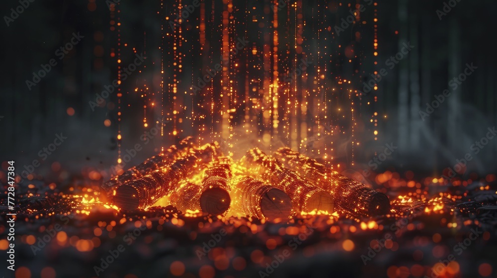 Sleek representation of a digital campfire with logs as data layers, on ...