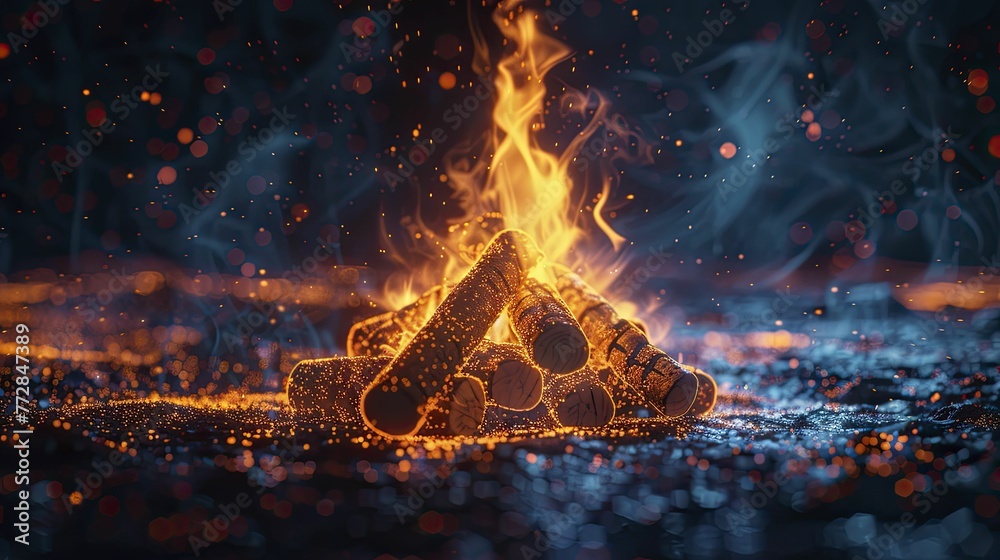 A modern interpretation of a digital campfire with data layers, set ...