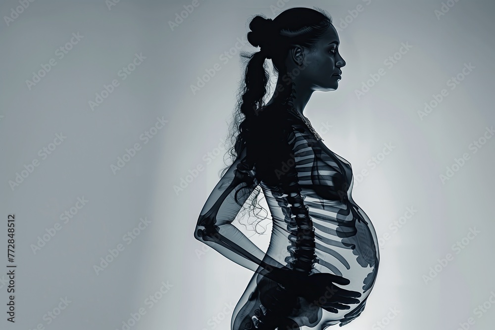 A pregnant woman's silhouette is seen through an X-ray. Utero. Roentgenogram. Pregnancy. X-ray ...