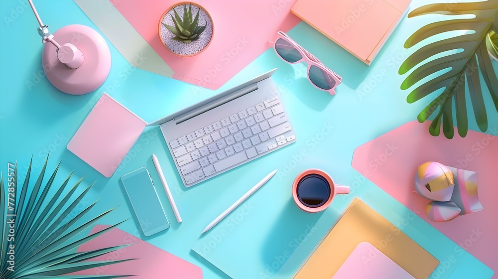 Pastel Desk Setup with Keyboard and Tropical Leaves in a 3D Stock ...