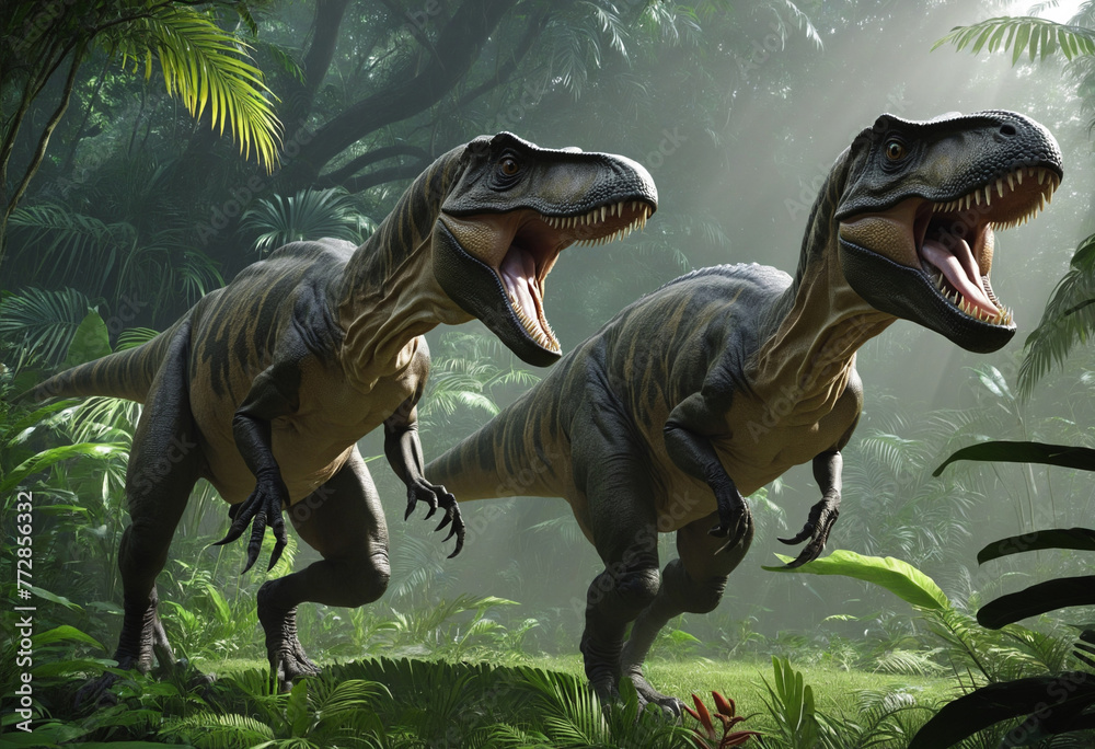 Primeval Predators: T-Rex and Velociraptor Encounter colorful ...