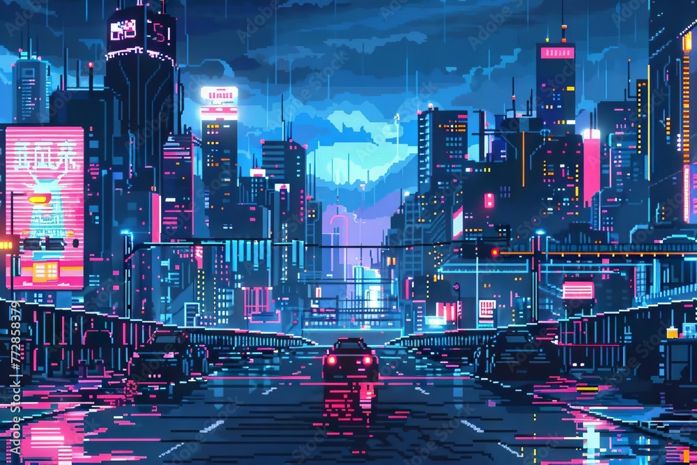 Pixel Art Illustration of a Cyberpunk Metropolis at Night with ...