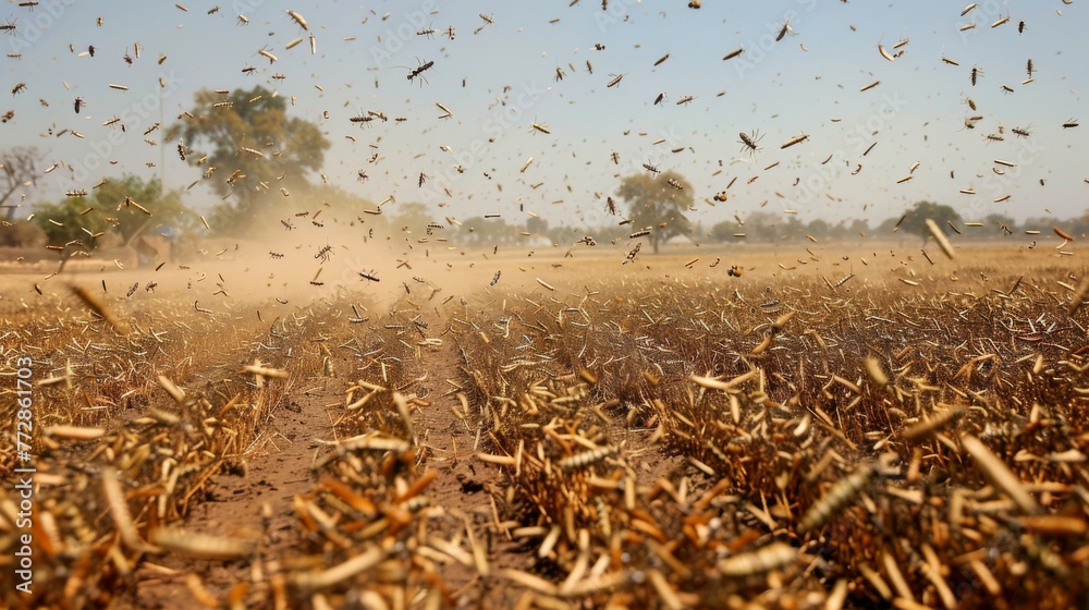 A devastating swarm of locusts engulfs a farmland, creating a natural ...