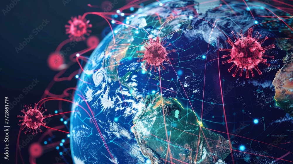Illustrative concept of a global pandemic with symbolic virus ...