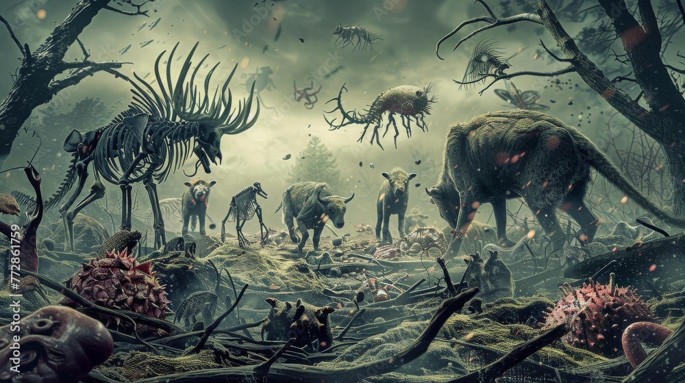 A digital artwork depicting a dark, surreal ecosystem teeming with ...