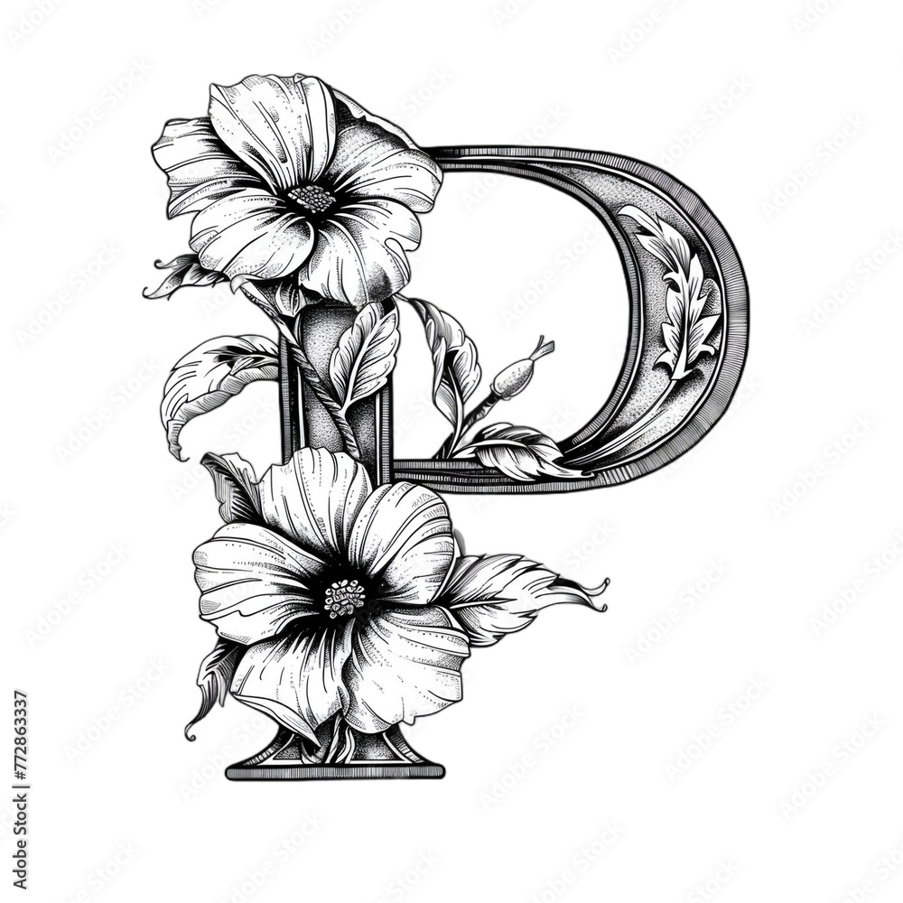 Black And White Floral P Letter Beautiful Decorative Element Png Format Stock Illustration