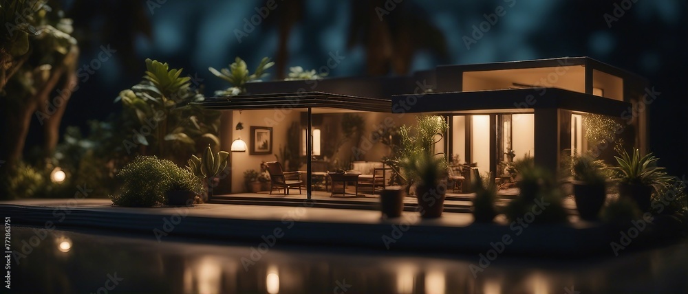 Generative AI. Miniature duplex villa house with plants in the potted ...