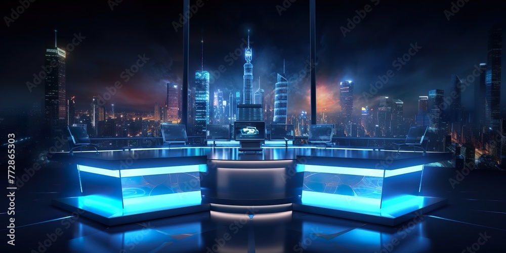 minimalistic design 3d virtual news studio. Announcer Table with night ...