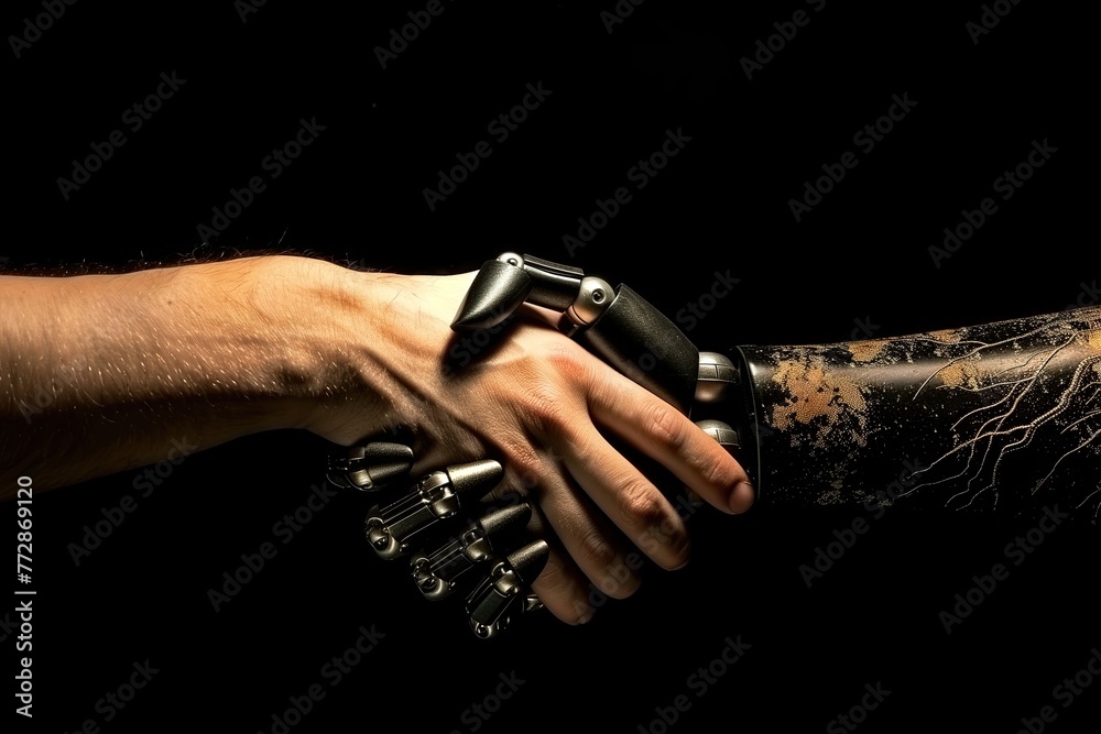 A contact of a human and a robot. Bionic hand. Handshake. Man meets the ...