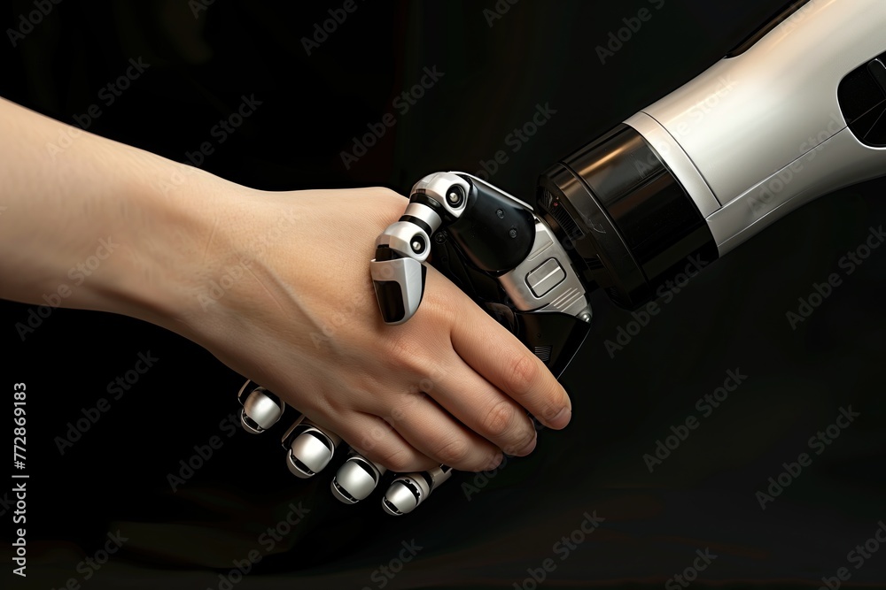 A human and a robot shaking hands symbolizing the collaboration between ... A human and a robot shaking hands symbolizing the collaboration between ...