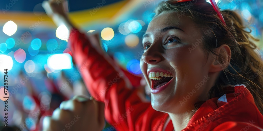 Sport Stadium Soccer Match: Diverse Crowd of Fans Cheer for their Red ...