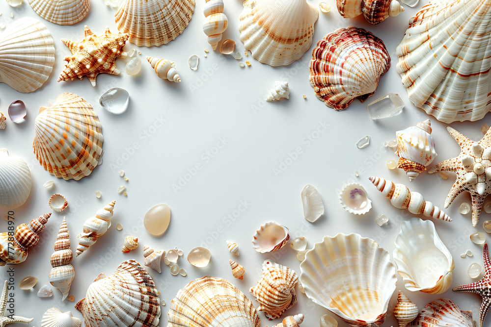 Assorted seashells and starfish frame on pale blue background with sea ...