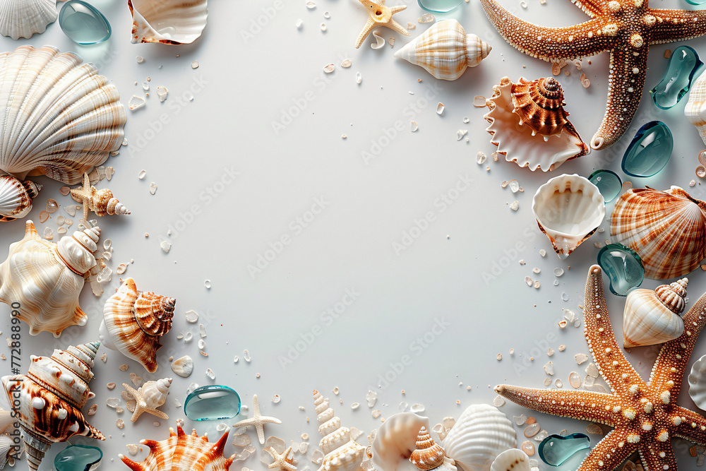 Assorted seashells and starfish frame on pale blue background with sea ...