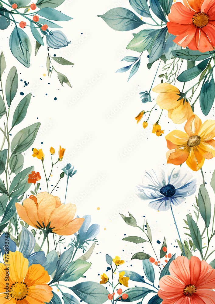 Watercolor floral template with blooming flowers and foliage. Hand ...