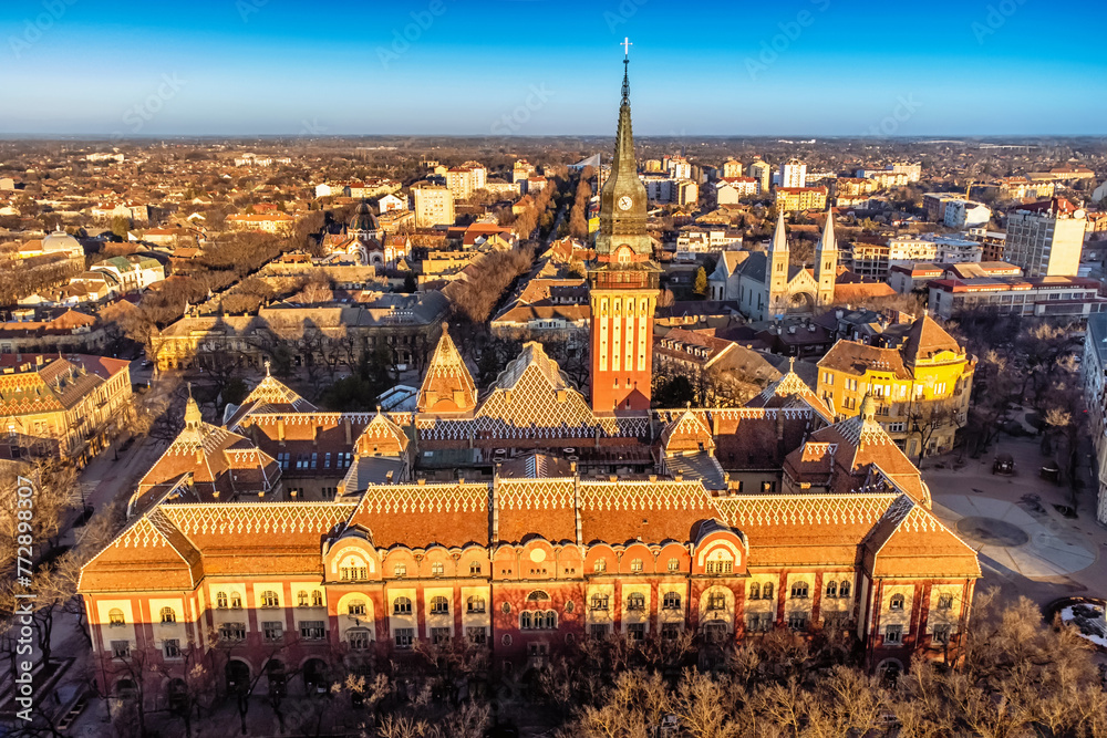 Aerial view of a famous Subotica town hall as a symbol of the city ...