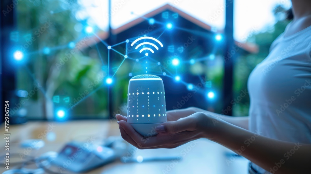 A person using voice commands to control smart home devices powered by ...