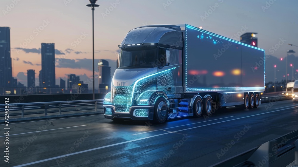 Autonomous Self-Driving Lorry Truck with Cargo Trailer Drives on the ...
