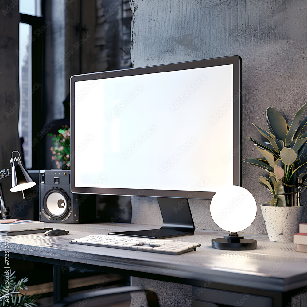 Work space at home with a monitor with a white screen, white to be used ...