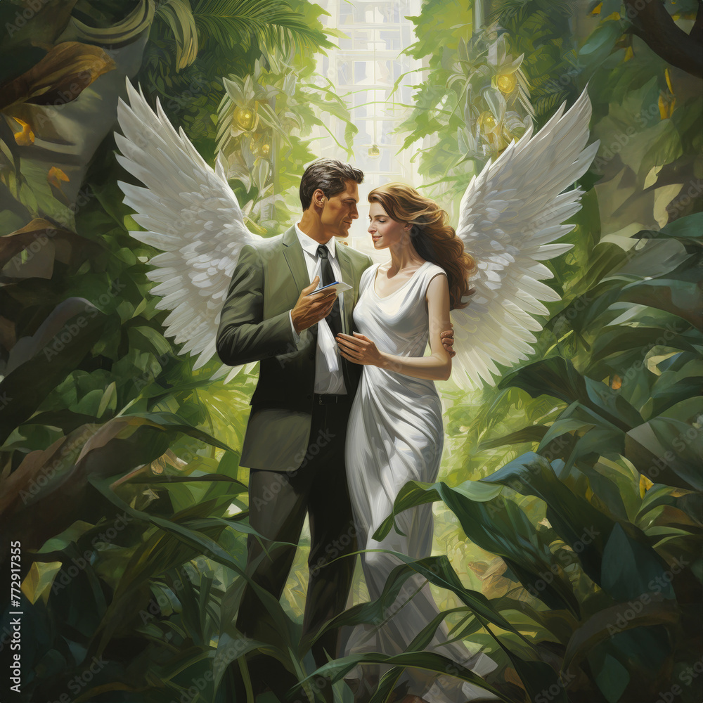 Marriage of business man and angel, symbolizing the big differences ...