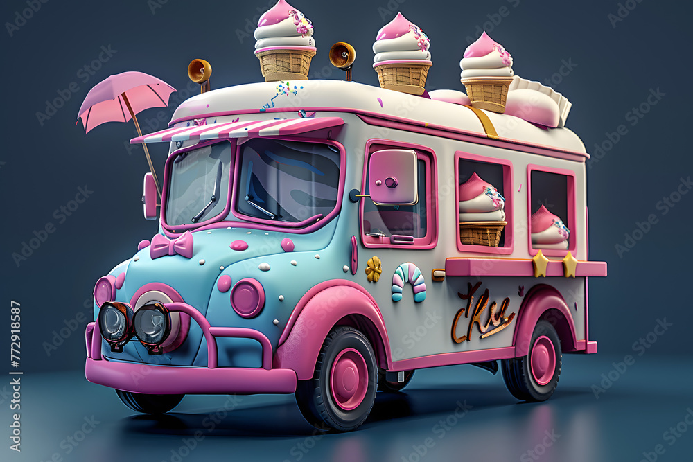 A modern ice cream truck van on a white background. 3D illustration ...