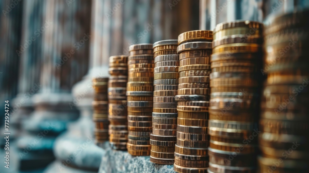 A stack of coins is piled up on a stone wall. The coins are of ...
