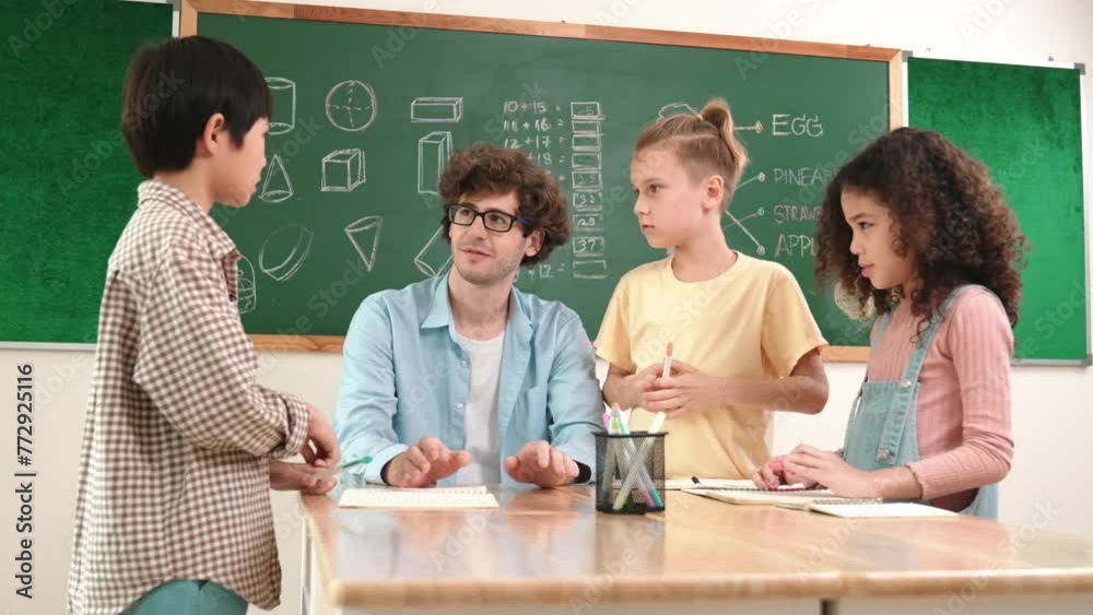 Smart teacher explain idea while diverse children drawing mind map ...