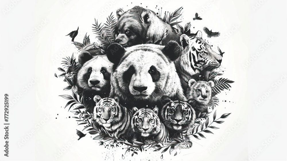black and white sketch art of endangered species, Earth Day or World ...