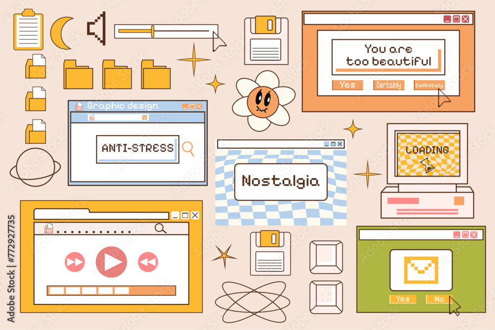A set of computer windows and stickers. Y2k retro style. Vector ...