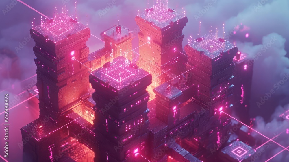 cyber fortress concept, featuring towering structures with embedded ...