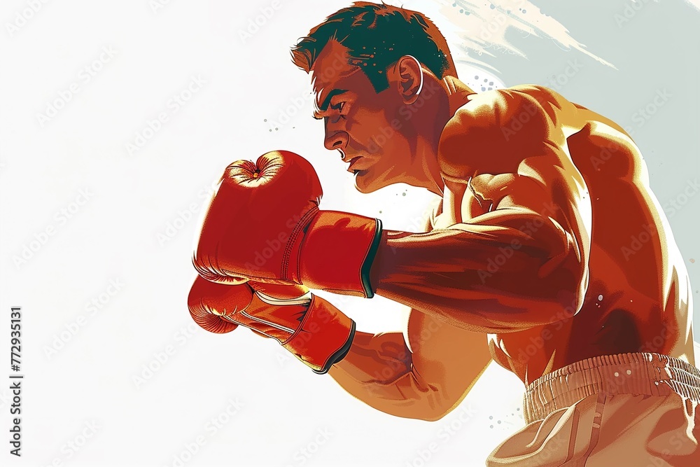 Animated man, retro boxing gear, gloves up, vibrant cartoon look, side ...