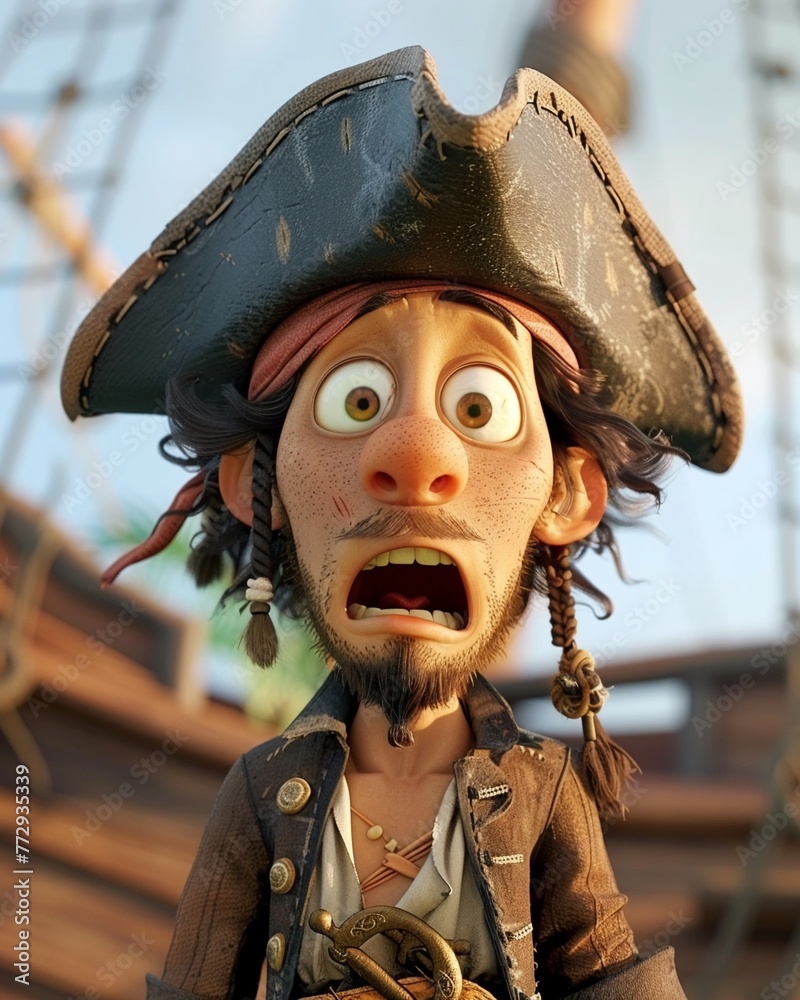 Animated pirate, diverse attire, surprised expression, vibrant cartoon ...