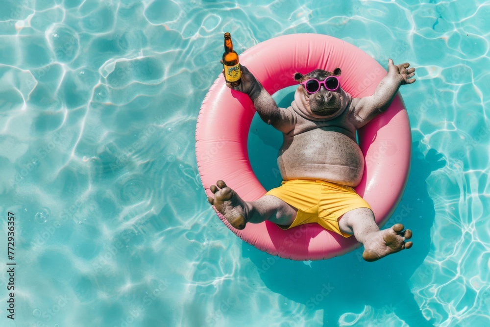 Overhead view of a hippo resting on an inflatable ring in a swimming ...