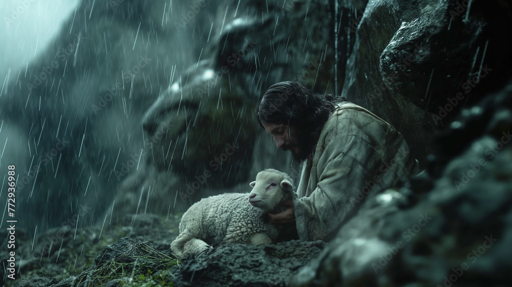 Poster Jesus retter das verlorene Lamm - jesus saves the lost lamb – Wandbild | Europosters
